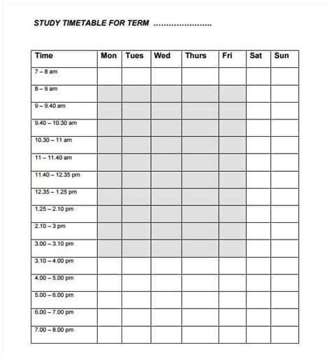 Blank Revision Timetable Template