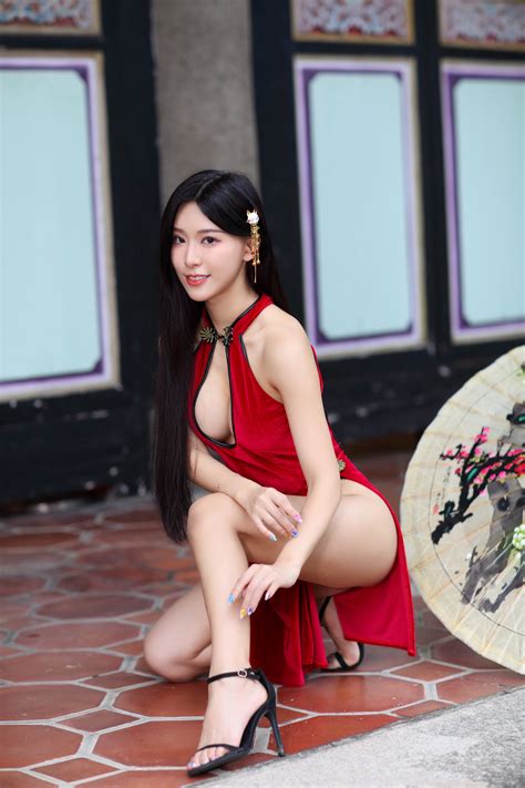 Asian Pose Sitting Legs Dress Décolletage Brunette girl HD Phone