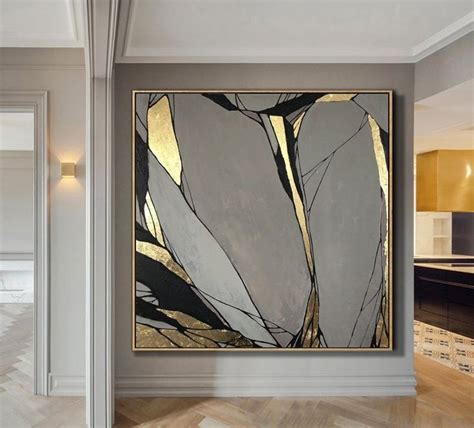 Abstract Painting Original Large Gold Leaf Painting Gray Etsy In