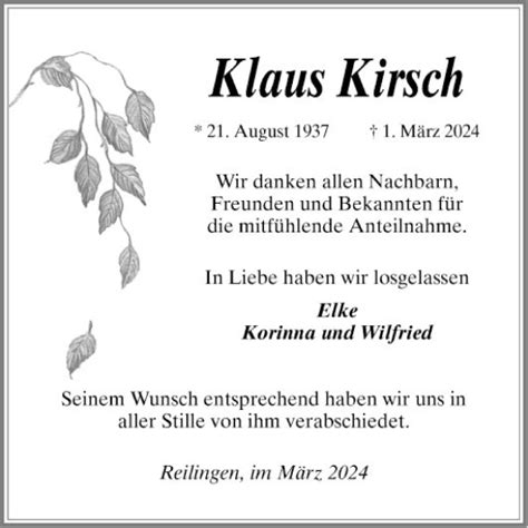 Traueranzeigen Von Klaus Kirsch Trauerportal Ihrer Tageszeitung