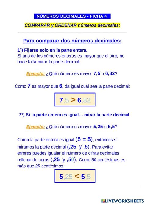 Comparar y ordenar números decimales interactive worksheet Workbook