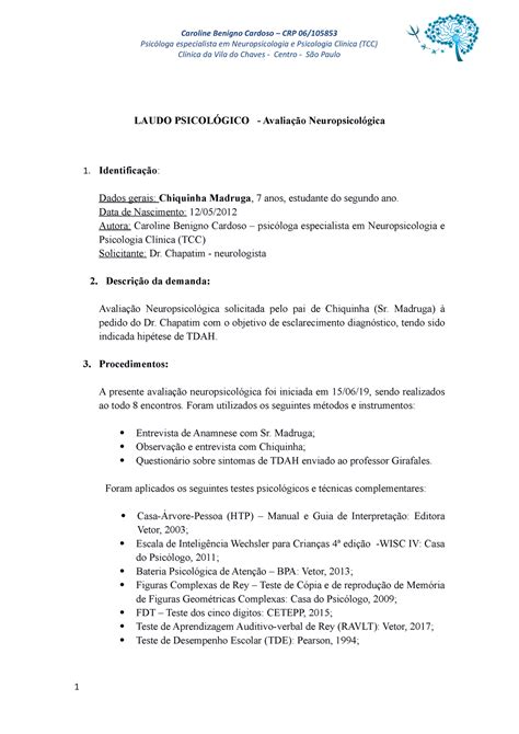 Modelo laudo psicológico 2019 Caroline Benigno Cardoso CRP 06