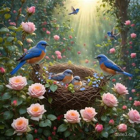 Serene Blue Bird Nesting Amidst Mystical Rose Garden Dalle3 AI