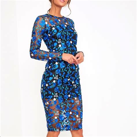 Prettylittlething Dresses Prettylittlething Blue Embroidered Floral Sheer Lace Midi Dress