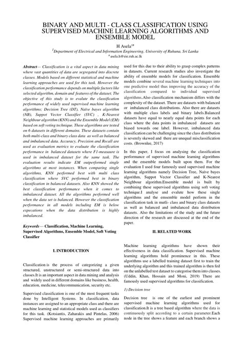 pdf binary and multi class classification using supervised machine learning algorithms and