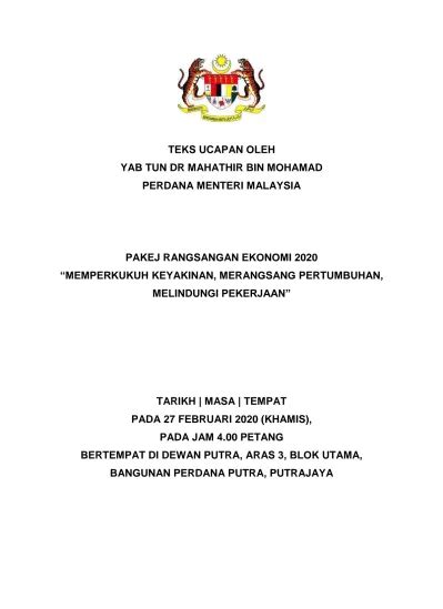 TEKS UCAPAN OLEH YAB TUN DR MAHATHIR BIN MOHAMAD PERDANA MENTERI MALAYSIA