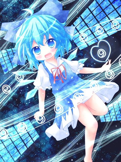 The Big Imageboard Tbib 1girl Ahoge Barefoot Blue Eyes Blue Hair Bow Cirno Dress Fang Hair