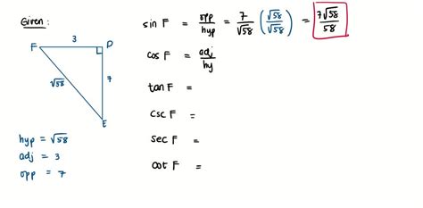 solved given the triangle below with right angle d compute the sin cos tan csc sec and cot