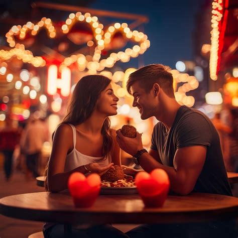 Premium Photo Happy Loving Couple Enjoying Fast Food Dinner Outdoor Generative Ai