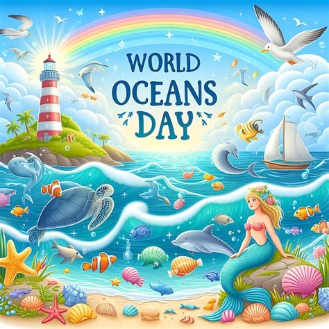 Un Cartel Para El D A Mundial De Los Oc Anos Con Una Sirena Y Tortugas