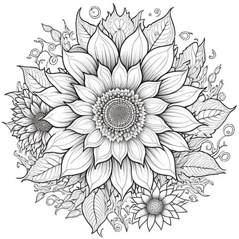 Um Desenho Preto E Branco De Um Girassol Cercado Por Folhas Generativas