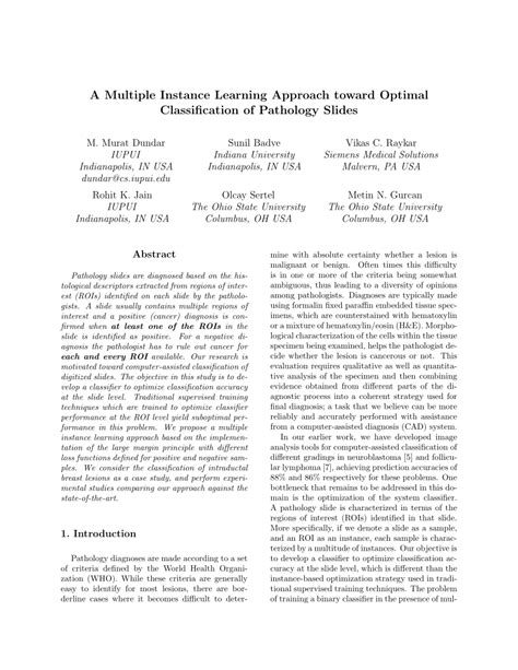 pdf a multiple instance learning approach toward optimal classification of pathology slides