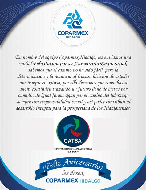 COPARMEX Hidalgo Felicita A CATSA Por Su Primer Aniversario Empresarial