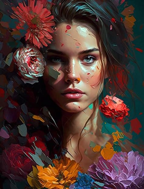 Une Peinture D Une Femme Avec Des Fleurs Sur Son Visage Photo Premium