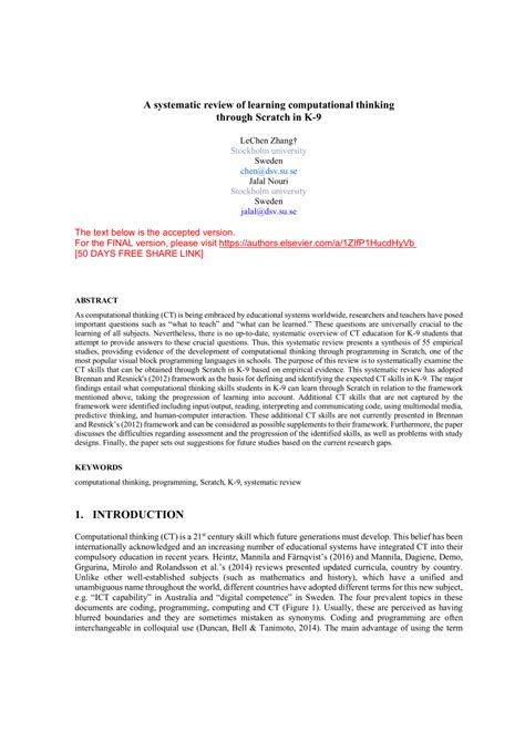 pdf a systematic review of learning computational thinking through scratch in k 9