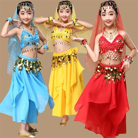 Traje de dança do ventre infantil conjunto egípcio 4 peças