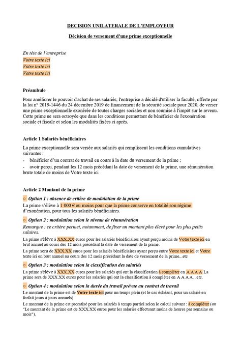 Modèle Décision Unilatérale Prime De Partage De La Valeur 2022