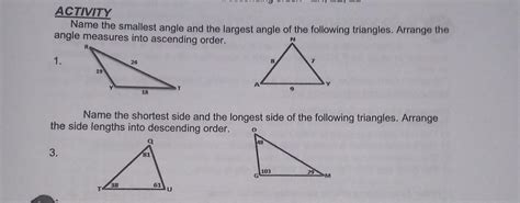 name the smalles angle and the largest angle of the following triangles arrange the angle