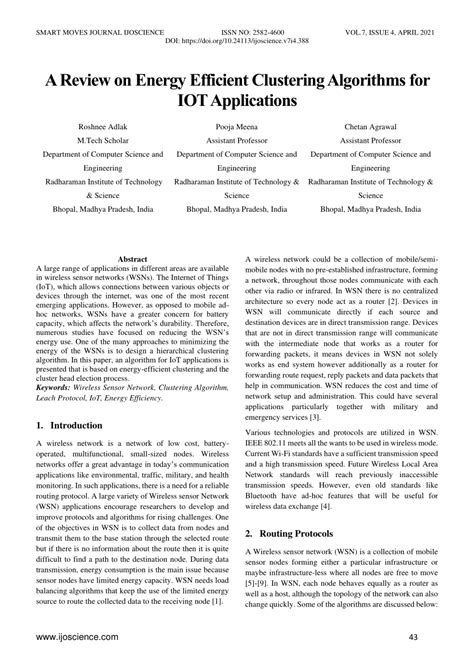 pdf a review on energy efficient clustering algorithms for iot application