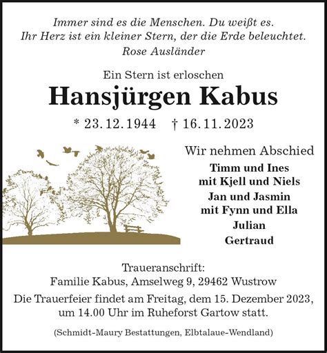 Das Trauerportal für Lüchow Dannenberg Todesanzeigen Hansjürgen Kabus