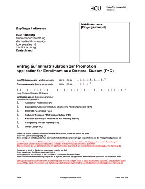 Fillable Online Antrag Auf Immatrikulation Zur Promotion Application