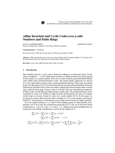 affine invariant and cyclic codes over p adic numbers and finite rings pdf ring mathematics