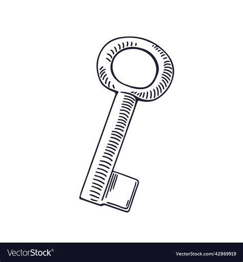 Black And White Outlined Door Key Drawn In Vintage