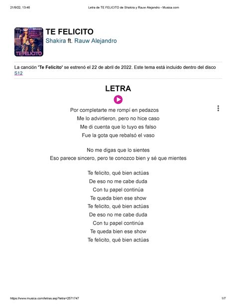 Letra De Te Felicito De Shakira Y Rauw Alejandro Musica Te Felicito