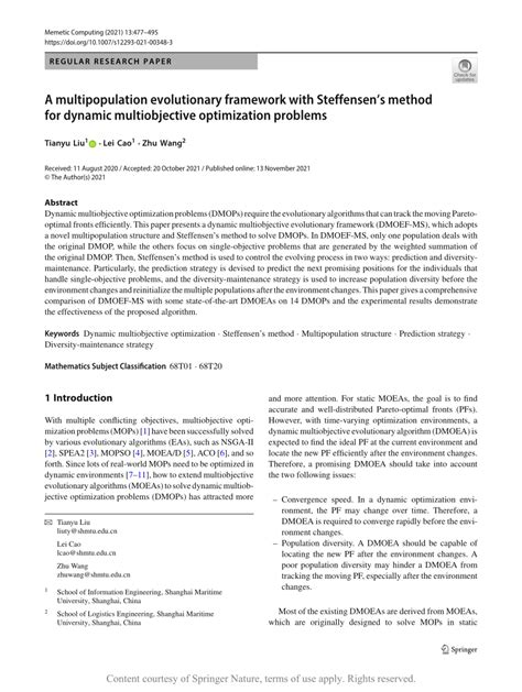 pdf a multipopulation evolutionary framework with steffensen s method for dynamic