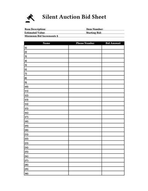 Silent Auction Bid Sheet