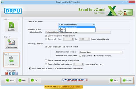 excel to vcard converter software screenshots to know how to convert excel contacts into vcard files