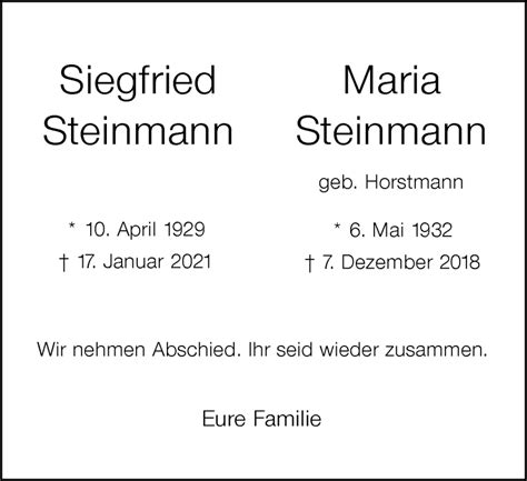 Traueranzeigen Von Siegfried Und Maria Steinmann Trauer In NRW De