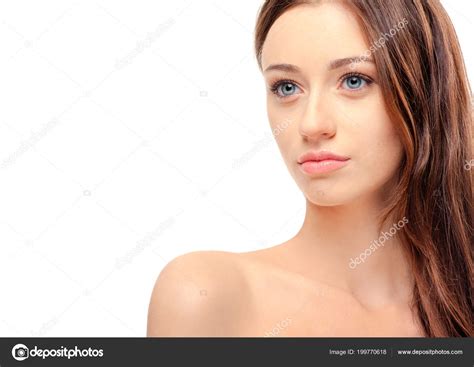 Portrait Belle Jeune Femme Avec Épaule Nue Regardant Loin Tout image