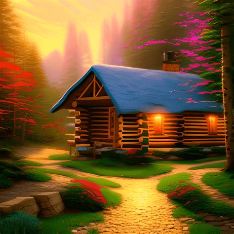 Thomas Kinkade Log Cabin Painting
