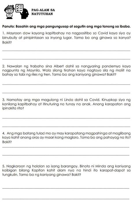 PAG ALAM SA NATUTUHAN Panuto Basahin Ang Mga Pangungusap At Sagutin