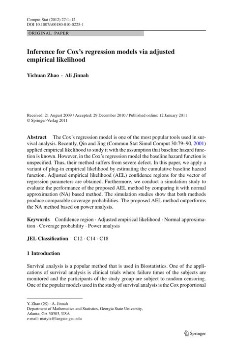 pdf inference for cox s regression models via adjusted empirical likelihood