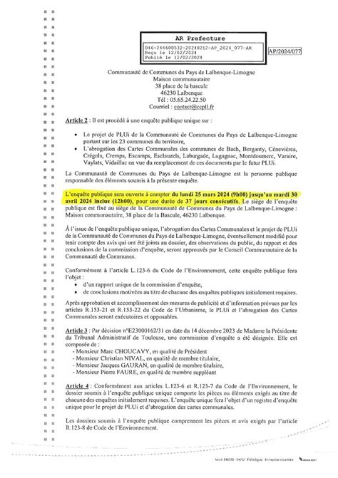 Ouverture Enquête publique PLUI Mairie de Cremps