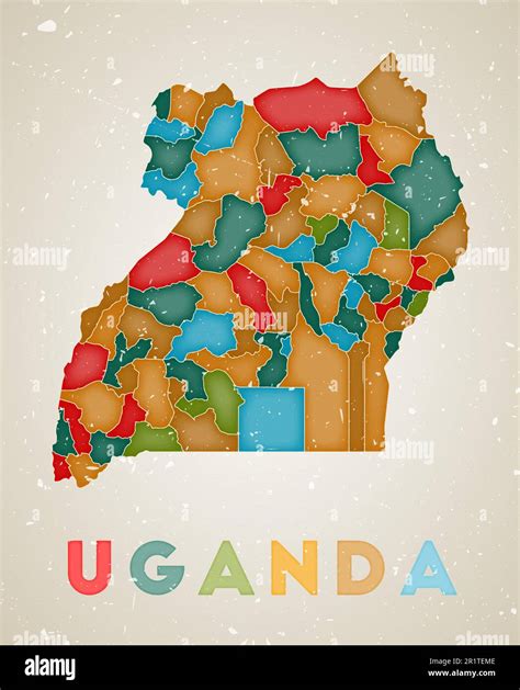 Uganda Map Country Poster With Colored Regions Old Grunge Texture