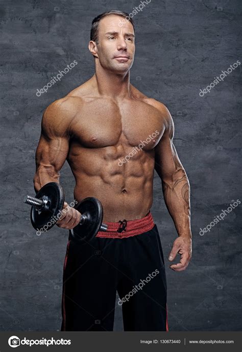 Shirtless Middle Age Man Holds Dumbbell Stock Photo By Fxquadro