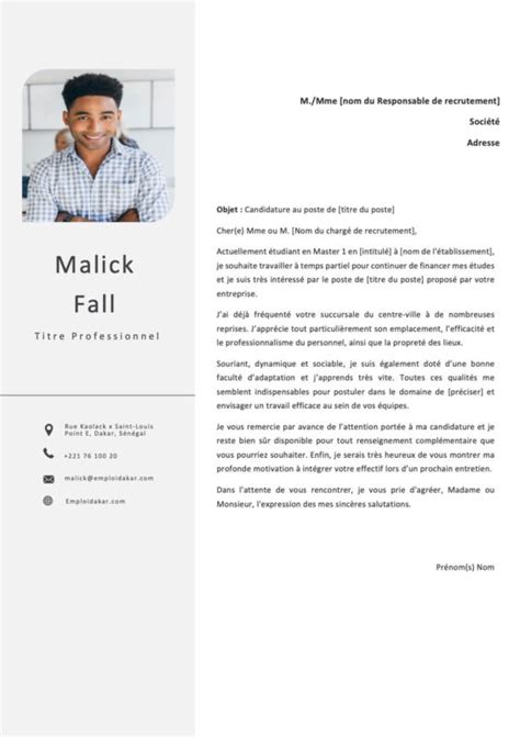 Modèle de Lettre de Motivation pour un Job dÉtudiant Job Sénégal