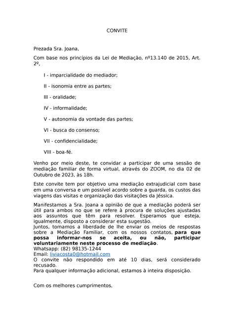 Convite mediação extrajudicial CONVITE Prezada Sra Joana base
