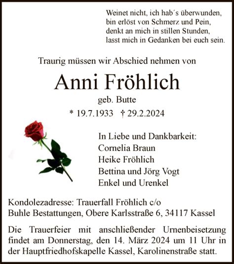 Traueranzeigen von Anni Fröhlich Trauer HNA de