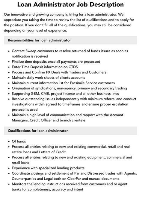 Loan Administrator Job Description Velvet Jobs