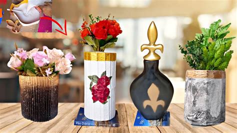 FAÇA VOCÊ MESMO 4 VASOS DECORATIVO DE GESSO PAPELÃO E GARRAFA PLÁSTICA