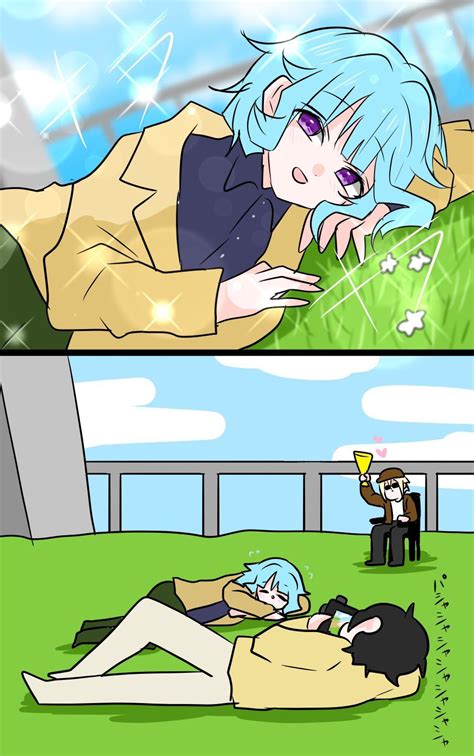 An Anime Scene With Two People Laying On The Ground And One Person