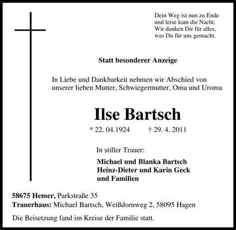 Traueranzeigen Von Ilse Bartsch Trauer In NRW De