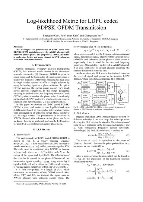 pdf log likelihood metric for ldpc coded bdpsk ofdm transmission