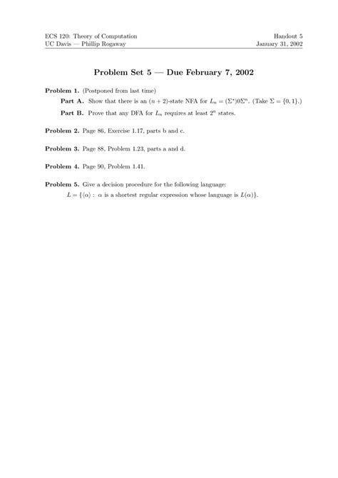introduction to theory computation problem set 5 ecs 120 docsity