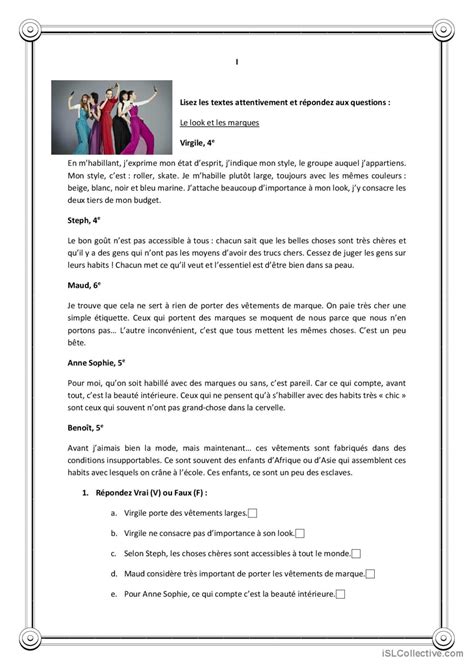 La Mode compréhension générale de l Français FLE fiches pedagogiques