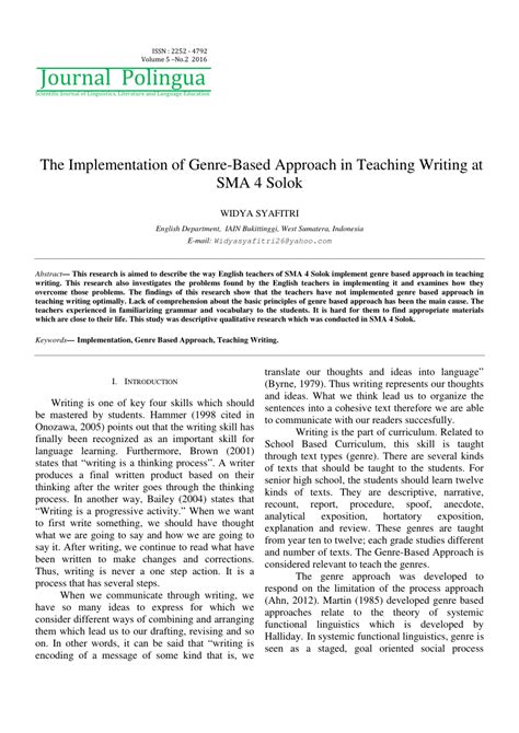 pdf the implementation of genre based approach in teaching writing at sma 4 solok